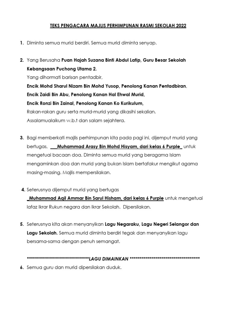 Teks Pengerusi Majlis Perhimpunan Rasmi Sekolah 2022 | PDF