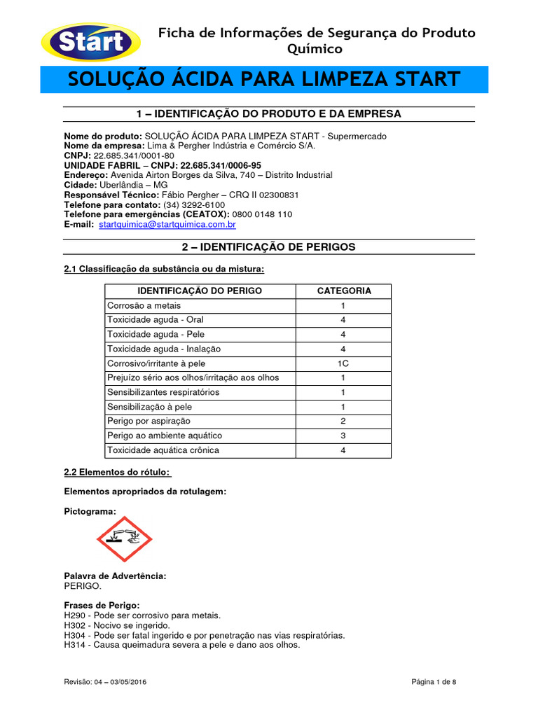 FISPQ: Solução Ácida Start - Segurança e Riscos | PDF | Primeiros ...