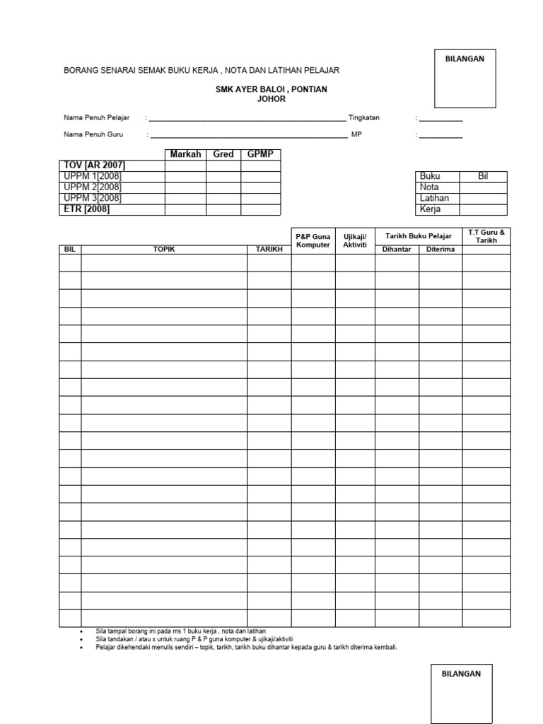 Borang Senarai Semak Buku Kerja | PDF