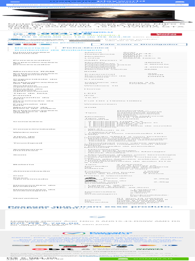 Notebook Gamer Acer Aspire Nitro 5 AN515-43-R8HN - AMD Ryzen 7 8GB 512GB SSD 15,6" NVIDIA GTX ...