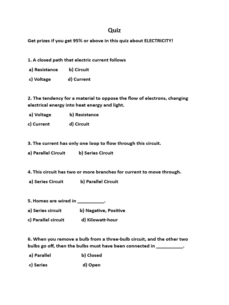 Electricity Quiz for Prizes | PDF | Technology & Engineering