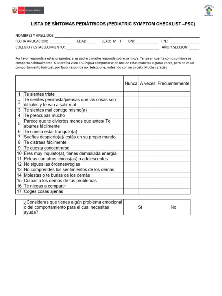 Lista de Síntomas Pediátricos (Pediatric Symptom Checklist - PSC) | PDF ...
