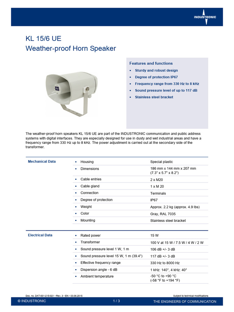 KL 15/6 UE Weather-Proof Horn Speaker | PDF | Hertz | Electricity