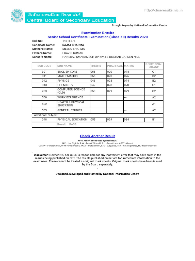 CBSE - Senior School Certificate Examination (Class XII) Results 2020 | PDF