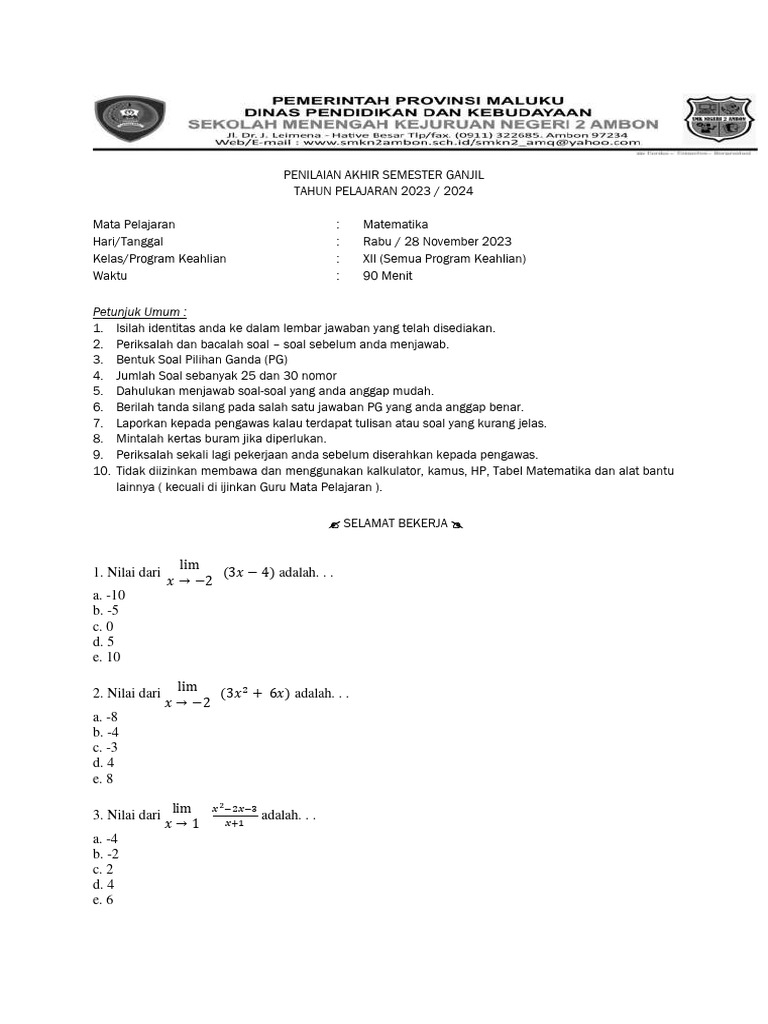 Soal Ujian Akhir Semester Ganjil Kelas Xii 2023-2024 | PDF