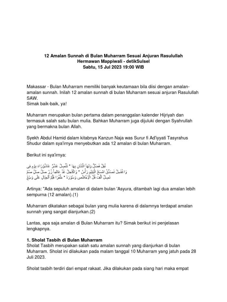 12 Amalan Sunnah Di Bulan Muharram Sesuai Anjuran Rasulullah | PDF