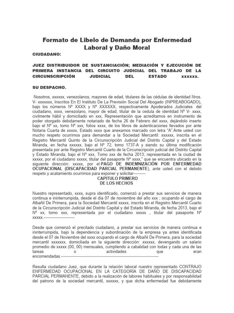 Formato de Libelo de Demanda Por Enfermedad Laboral y Daño Moral | PDF