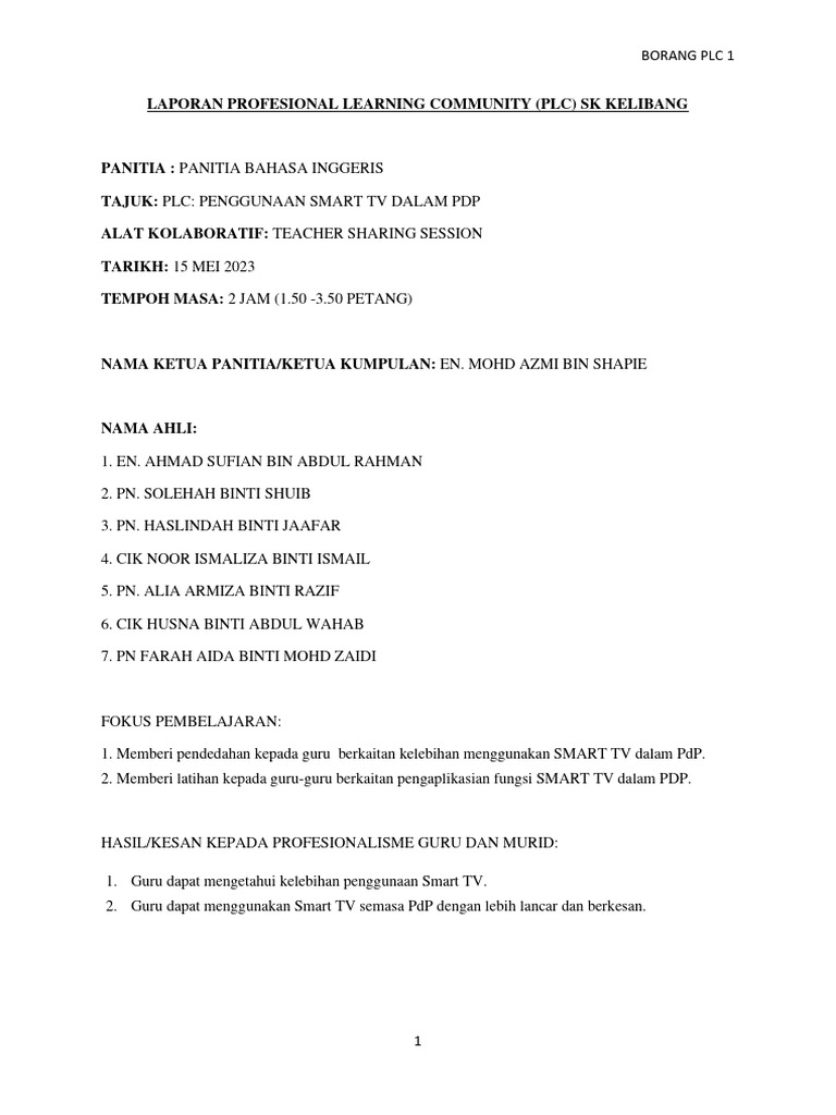 Laporan PLC Bil 4 Panitia Bi Sesi 2023-2024 | PDF