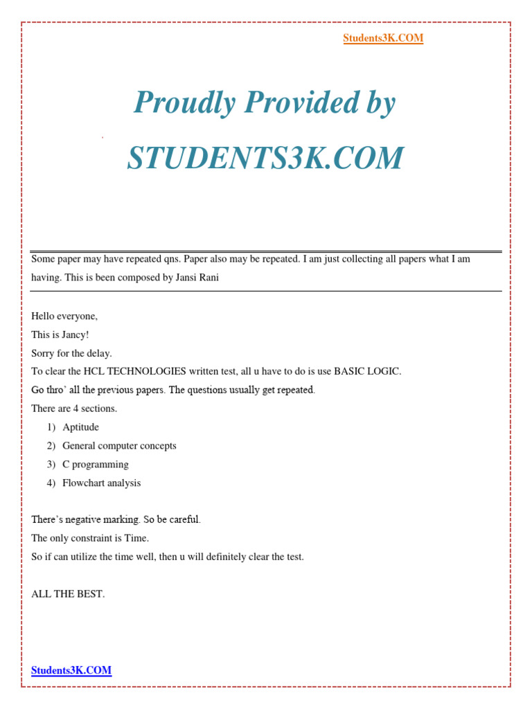 HCL Technologies Test Preparation Guide | PDF | Computer Programming ...
