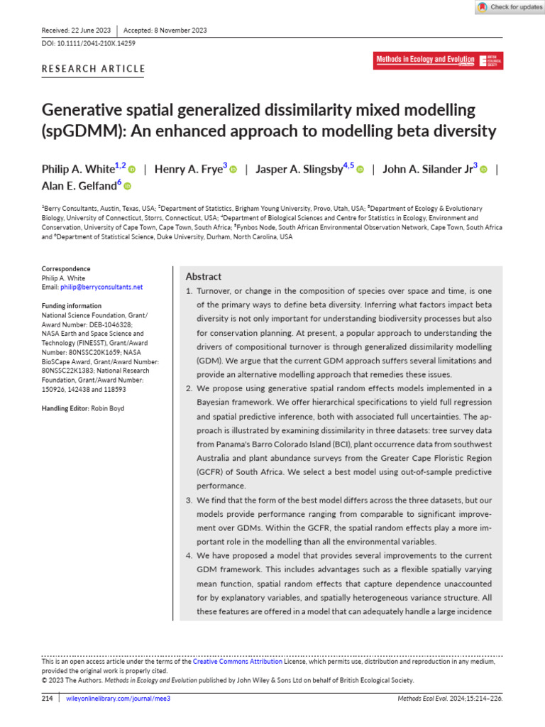 Methods Ecol Evol - 2023 - White - Generative Spatial Generalized Dissimilarity Mixed Modelling ...