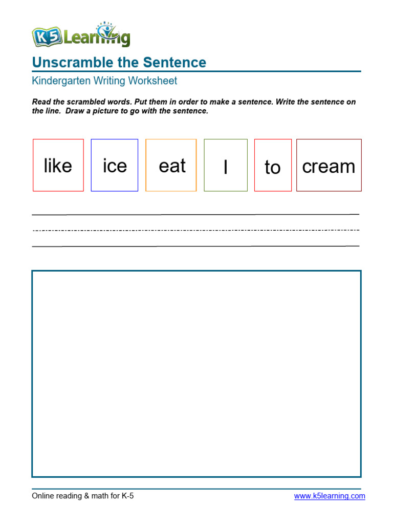 Kindergarten Sentence Unscramble Worksheet | PDF