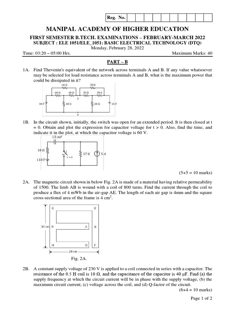 BET Endsem Paper 2022 Sem 1 Manipal | PDF | Inductor | Capacitor