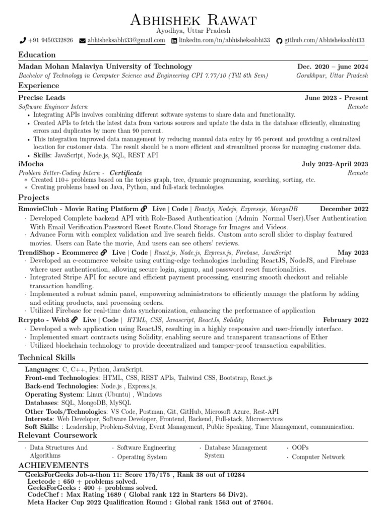 Abhishek Resume | Download Free PDF | Java Script | Databases