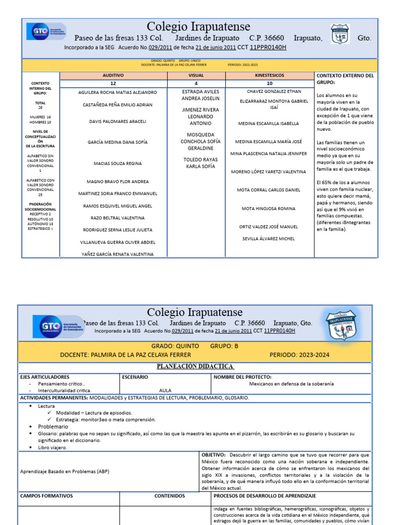 Colegio Irapuatense PLANEACIÓN Pendiente | PDF