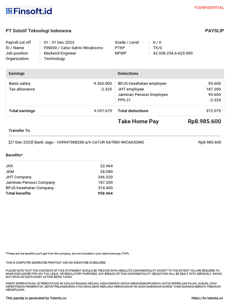 Talenta Payslip PT Solutif Teknologi Indonesia Dec 2023 Catur Satrio Wicaksono | PDF | Paycheck ...
