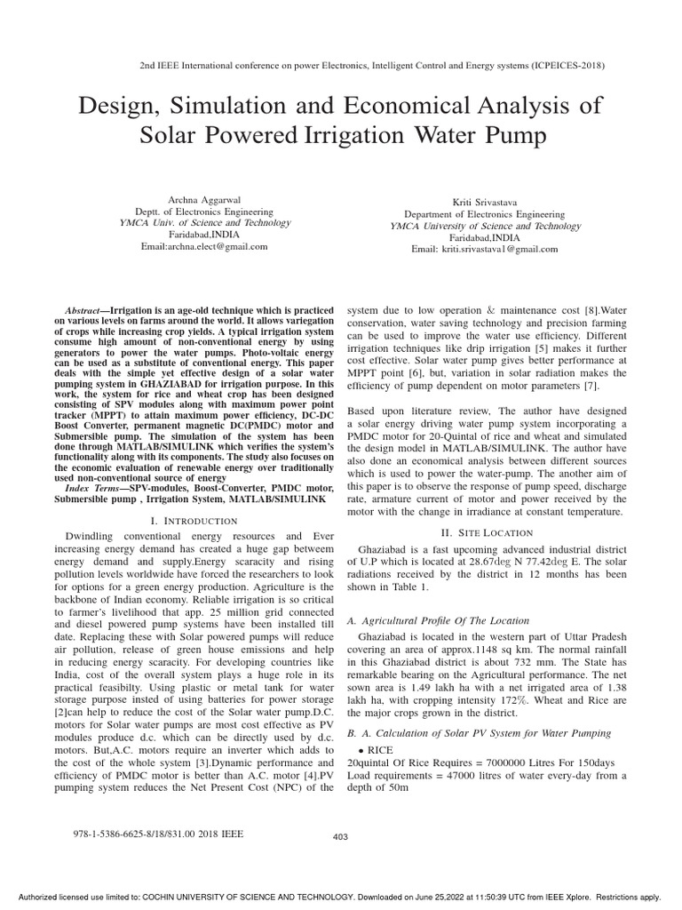 Design Simulation and Economical Analysis of Solar Powered Irrigation ...