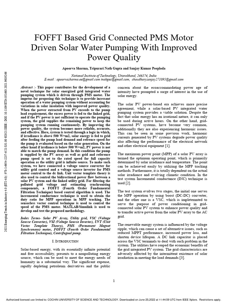 FOFFT Based Grid Connected PMS Motor Driven Solar Water Pumping With ...