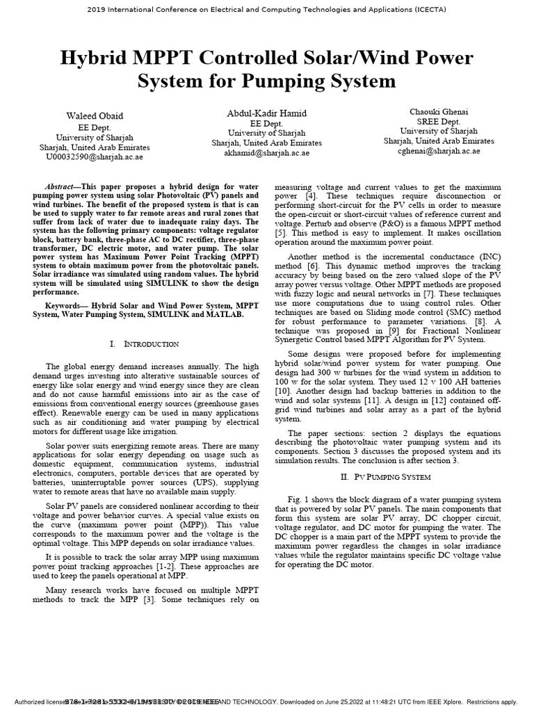 Hybrid MPPT Controlled Solar Wind Power System For Pumping System | PDF ...