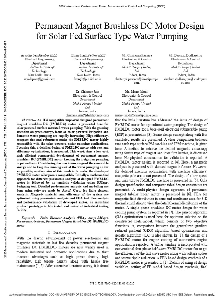 Permanent Magnet Brushless DC Motor Design For Solar Fed Surface Type Water Pumping | PDF ...