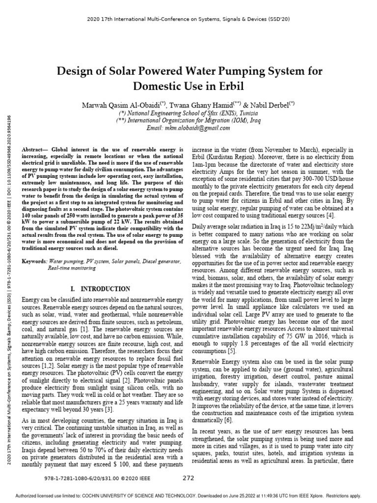Design of Solar Powered Water Pumping System For Domestic Use in Erbil ...