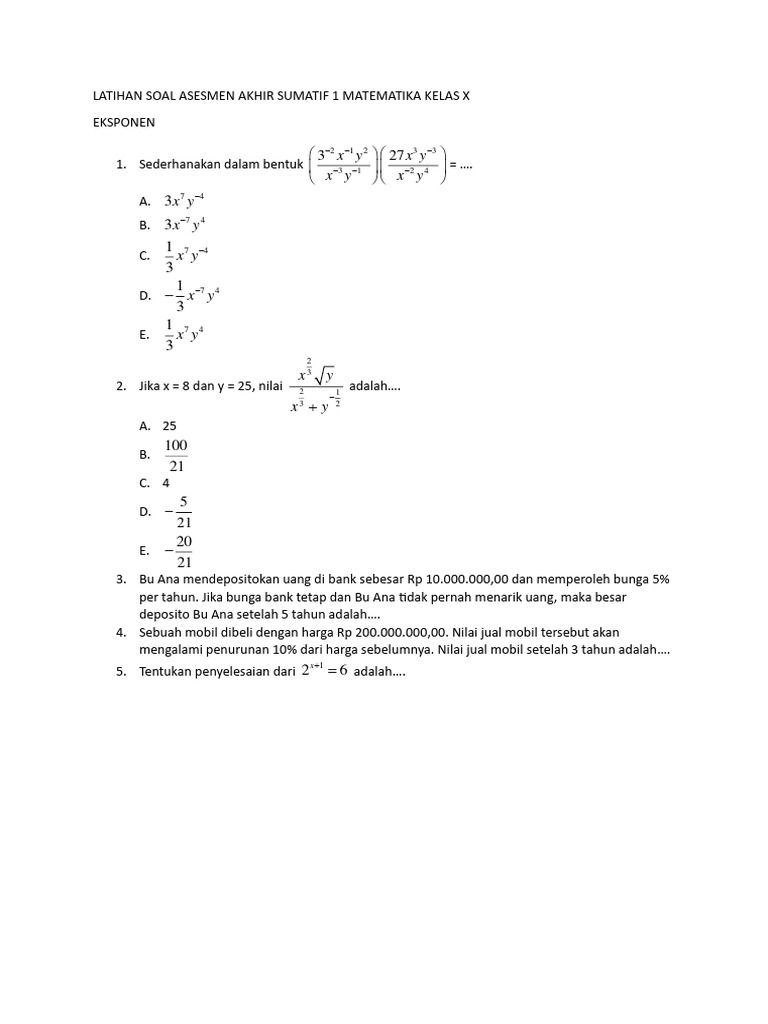 Latihan Soal Asesmen Akhir Sumatif 1 Matematika Kelas X | PDF | Metode & Bahan Ajar