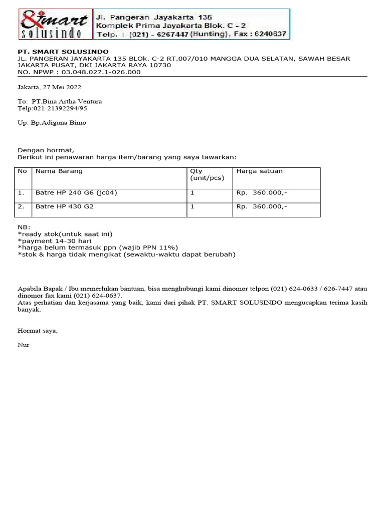 Penawaran Baterai Smart Solusindo | PDF | Teknologi & Rekayasa