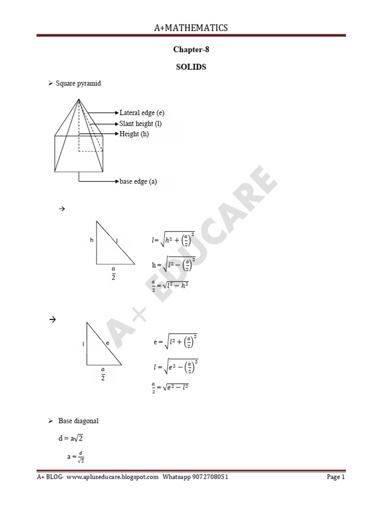 A+ Blog Mathematics Chapter 8 Solids (Em) | PDF | Sphere | Area