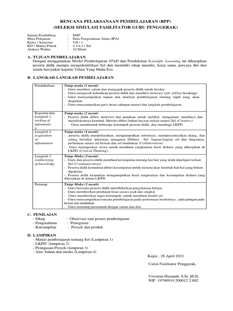 Rencana Pelaksanaan Pembelajaran (RPP) (Seleksi Simulasi Fasilitator ...
