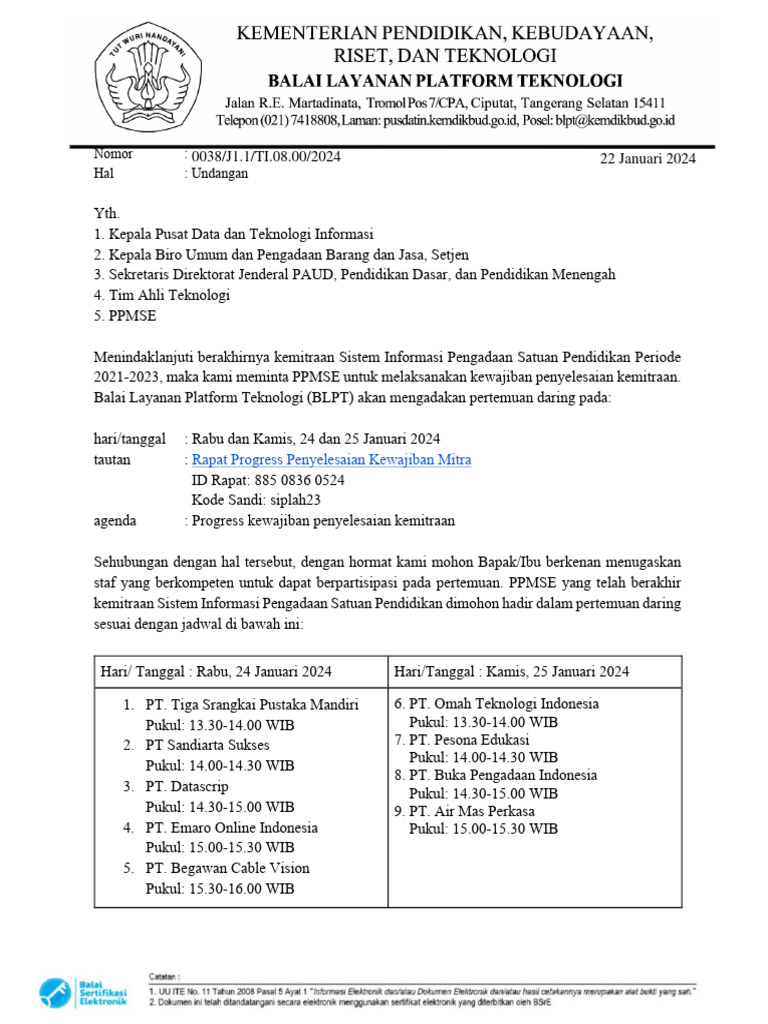 Undangan Diskusi Penyelesaian Kemitraan Balai Layanan Platform ...