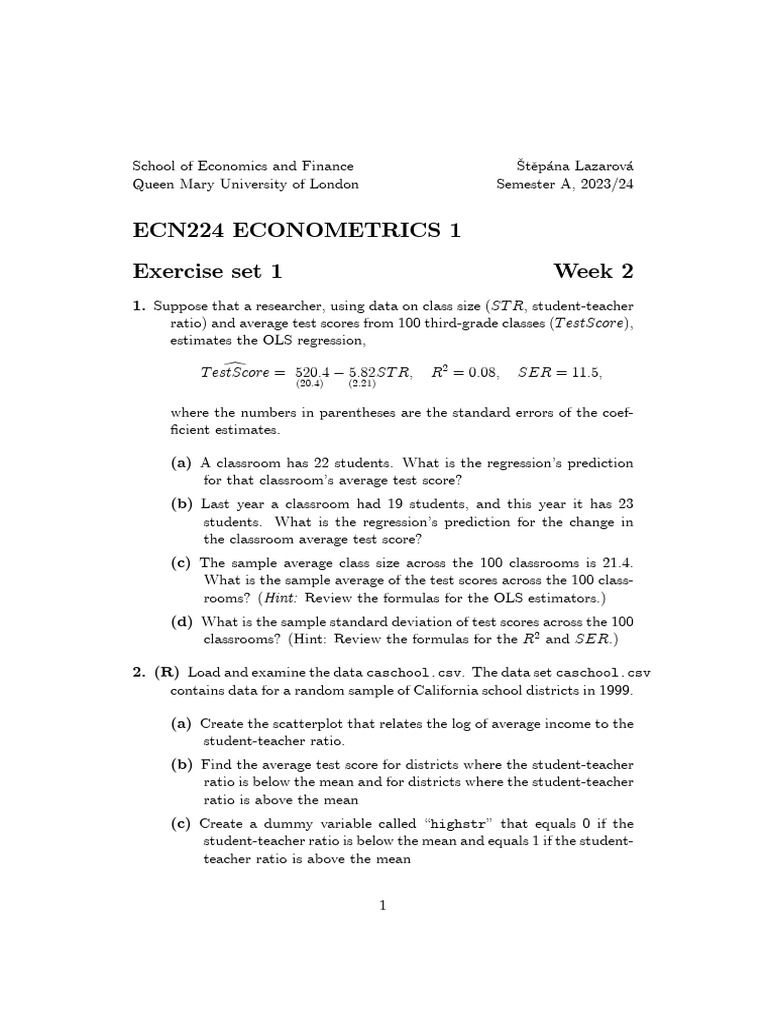 ECN224 Exe 1 | PDF | Ordinary Least Squares | Regression Analysis
