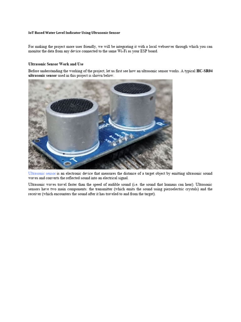 IoT Based Water Level Indicator Using Ultrasonic Sensor | PDF | Ultrasound | Internet Of Things