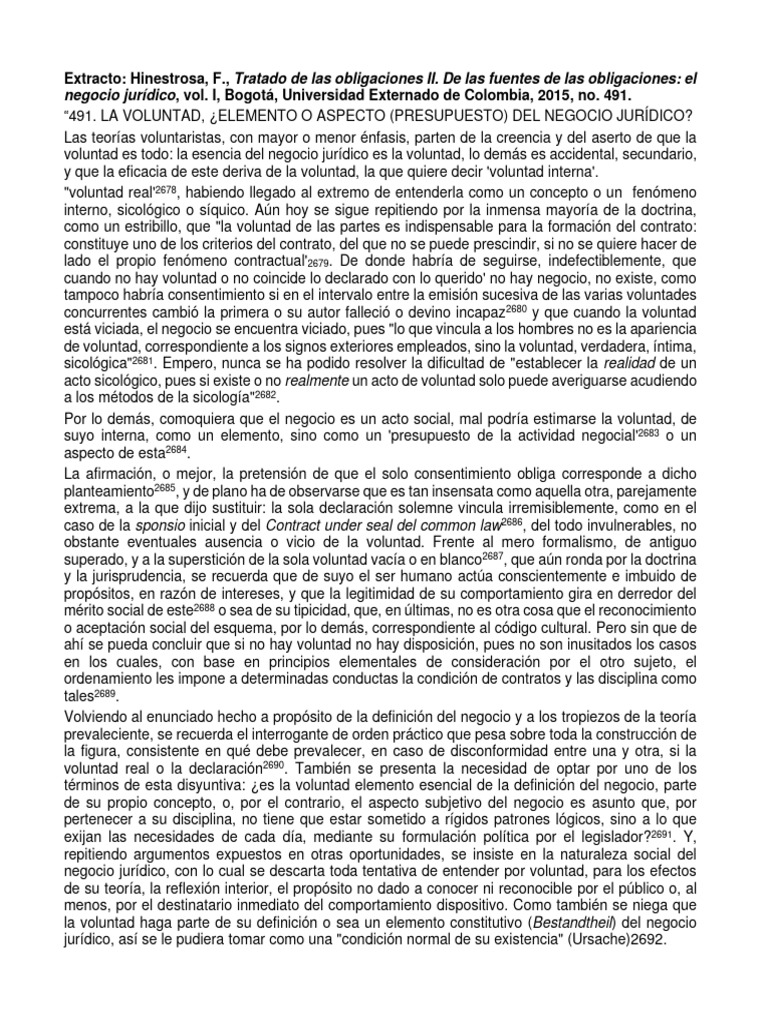 F. Hinestrosa - La Voluntad en El Negocio Jurídico (Extracto) | PDF | Epistemología | Metafísica