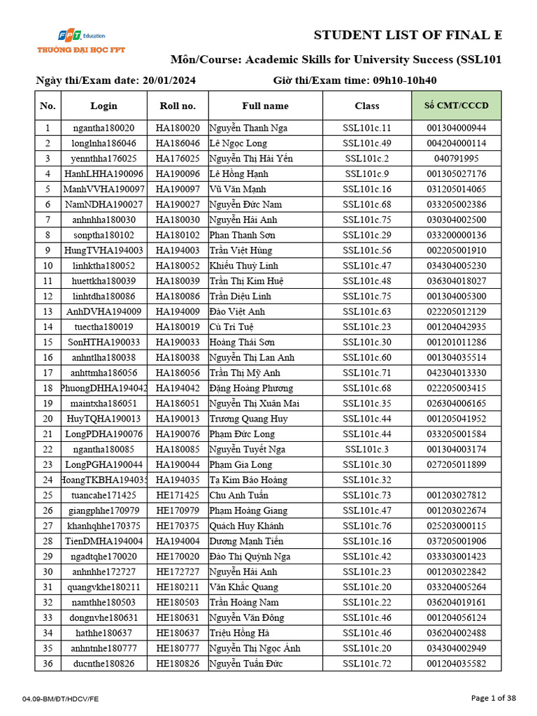 Thông Báo DSSV 2ndFE SSL101c Ngày 20.01.2024 | PDF