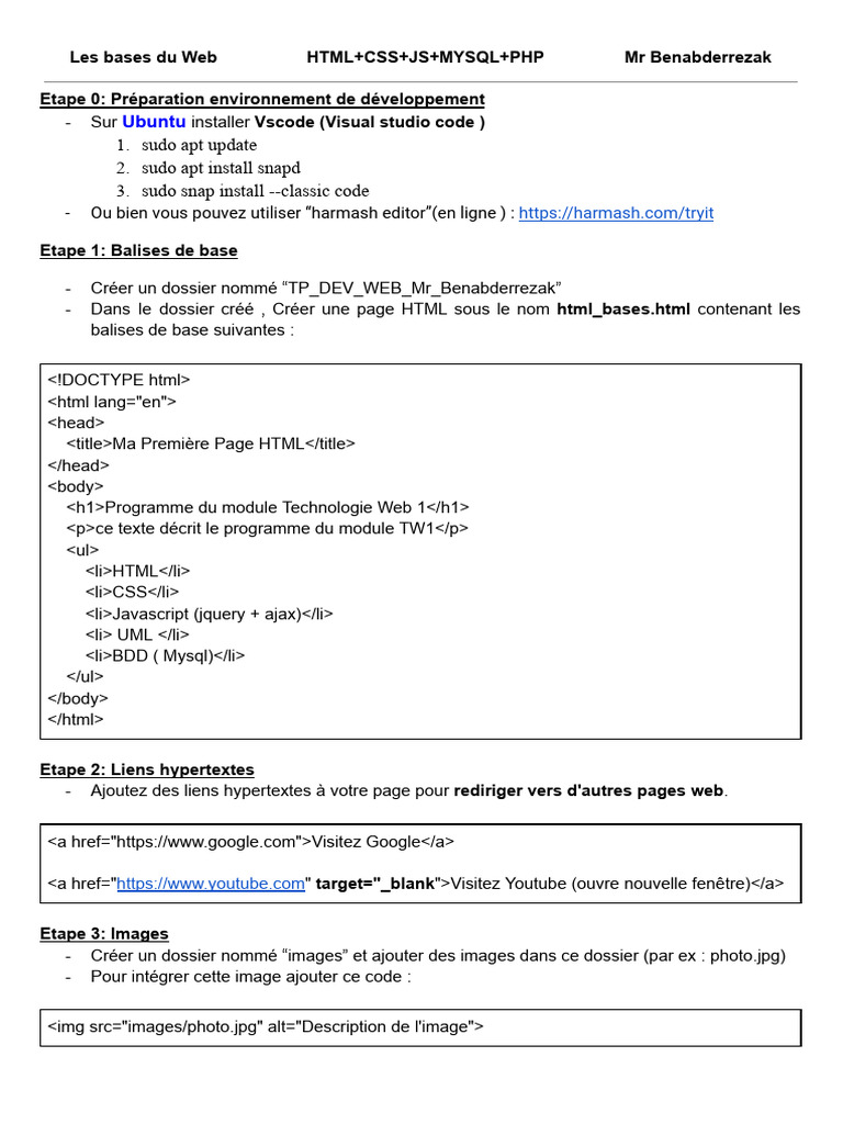 TP Développement Web (HTML+CSS+JS+JQUERY+UML+MYSQL+PHP) | PDF