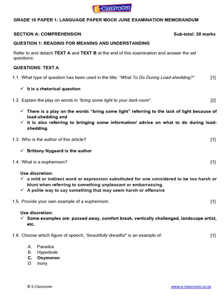 gr10 Eng HL Term2 Pack01 Practice Paper Memo | Download Free PDF | Verb ...