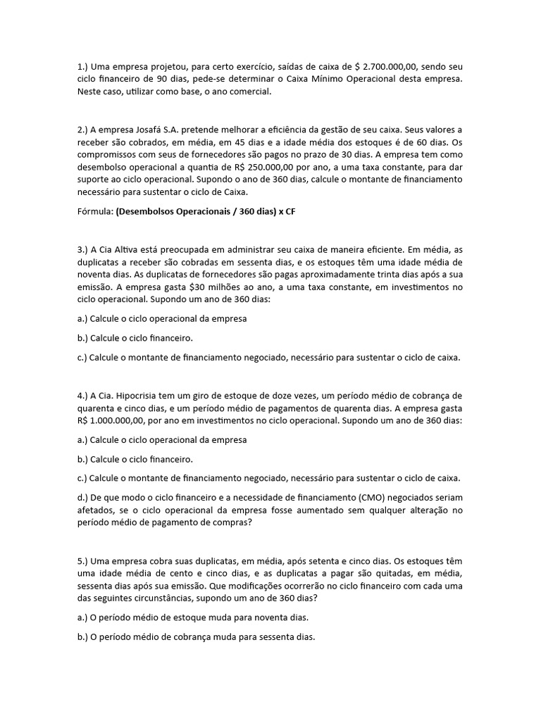 AULA 13 - Caixa Mínimo Operacional - Exercícios | PDF