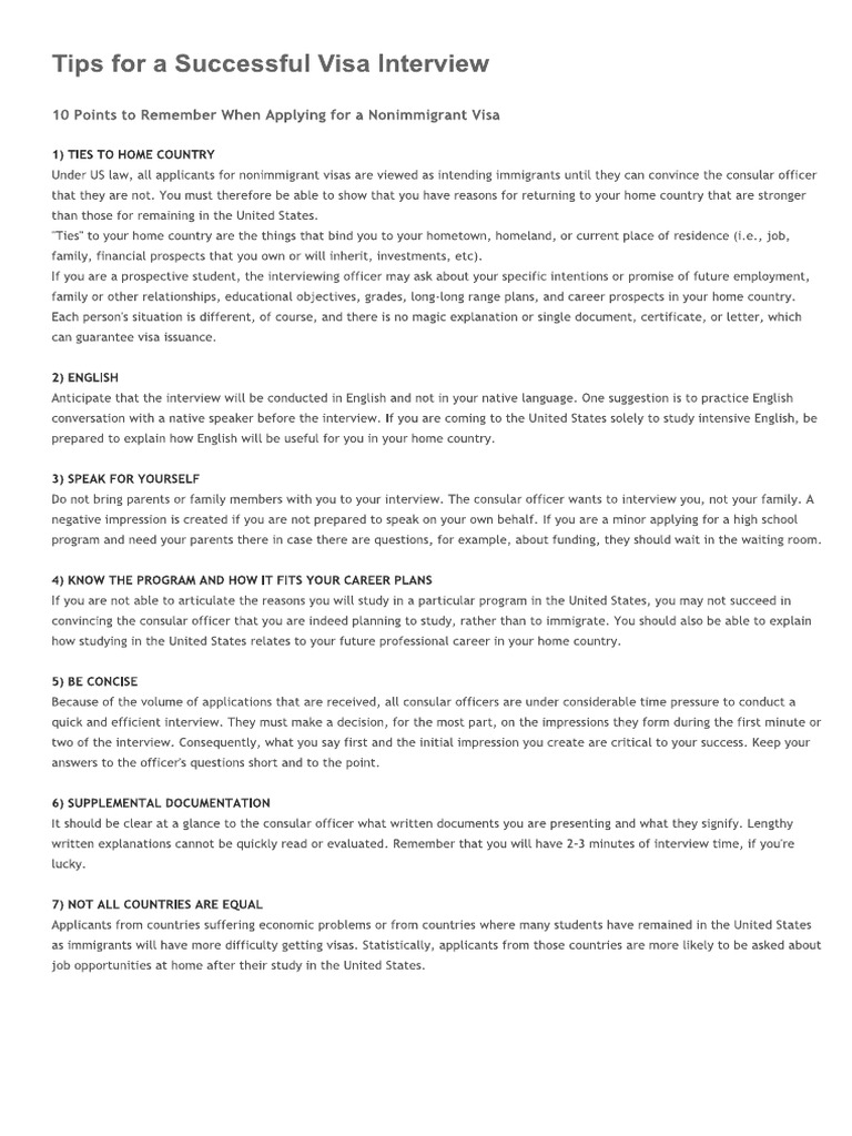 Tips For A Successful Visa Interview | PDF