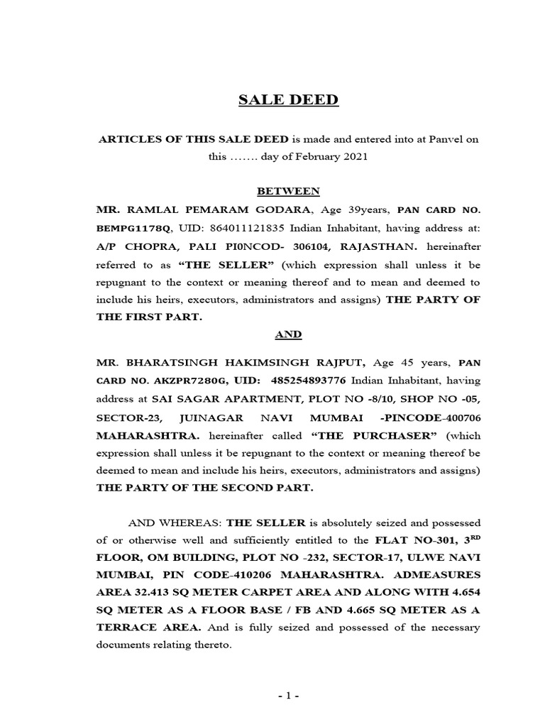 SALE DEED - Bharat Singh Rajput - Drafted by Adv - Satish | PDF | Sales | Deed