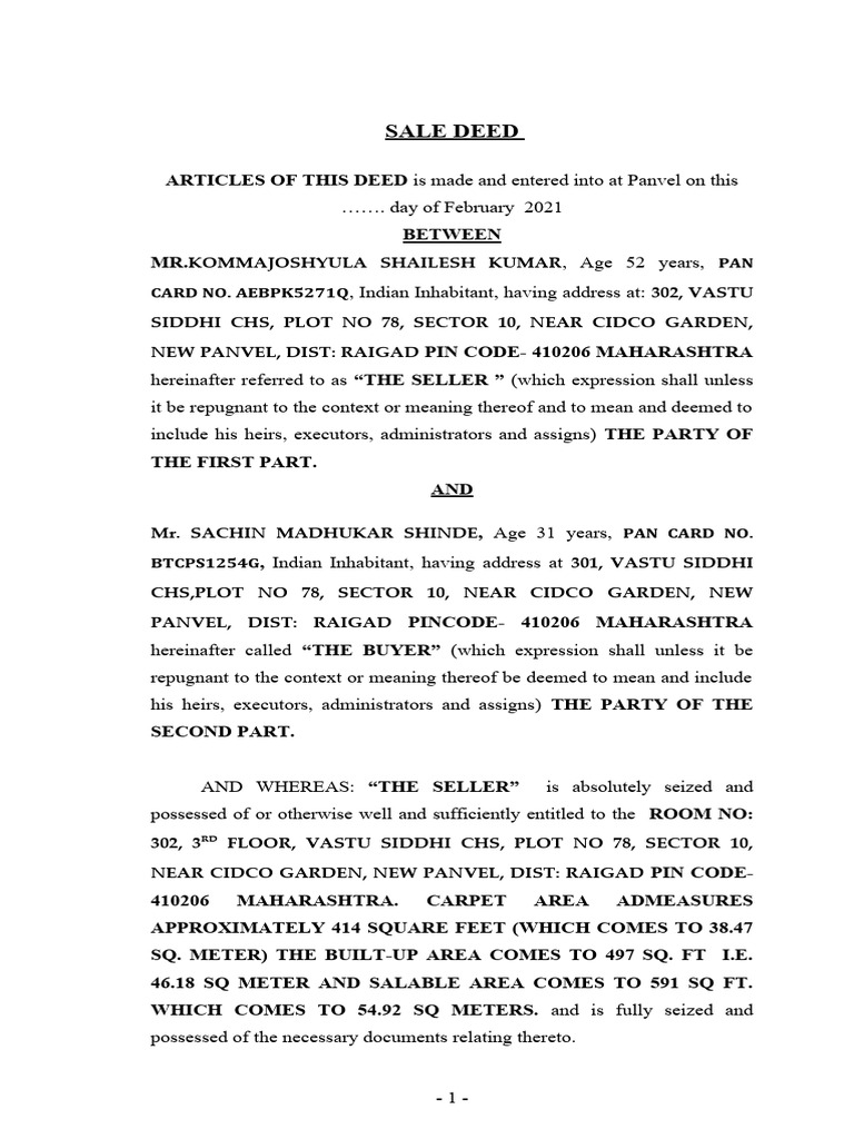 Sale Deed - Sachin Shinde - Drafted by Adv - Satish - Final | PDF | Sales | Lease