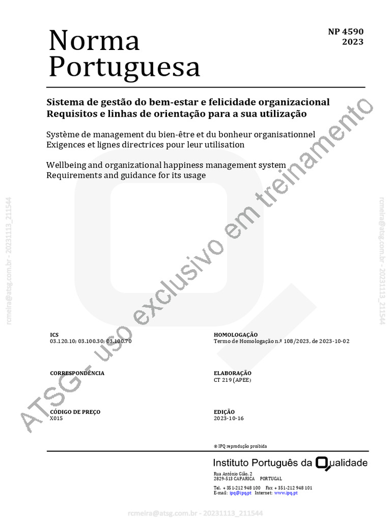 NP - 4590 - 2023 - WM Norma Portuuesa | Download grátis PDF | Qualidade (negócios) | Bem-estar
