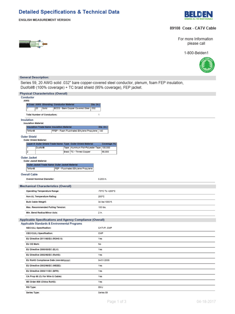 Belden Cable 89108 RG59 | PDF