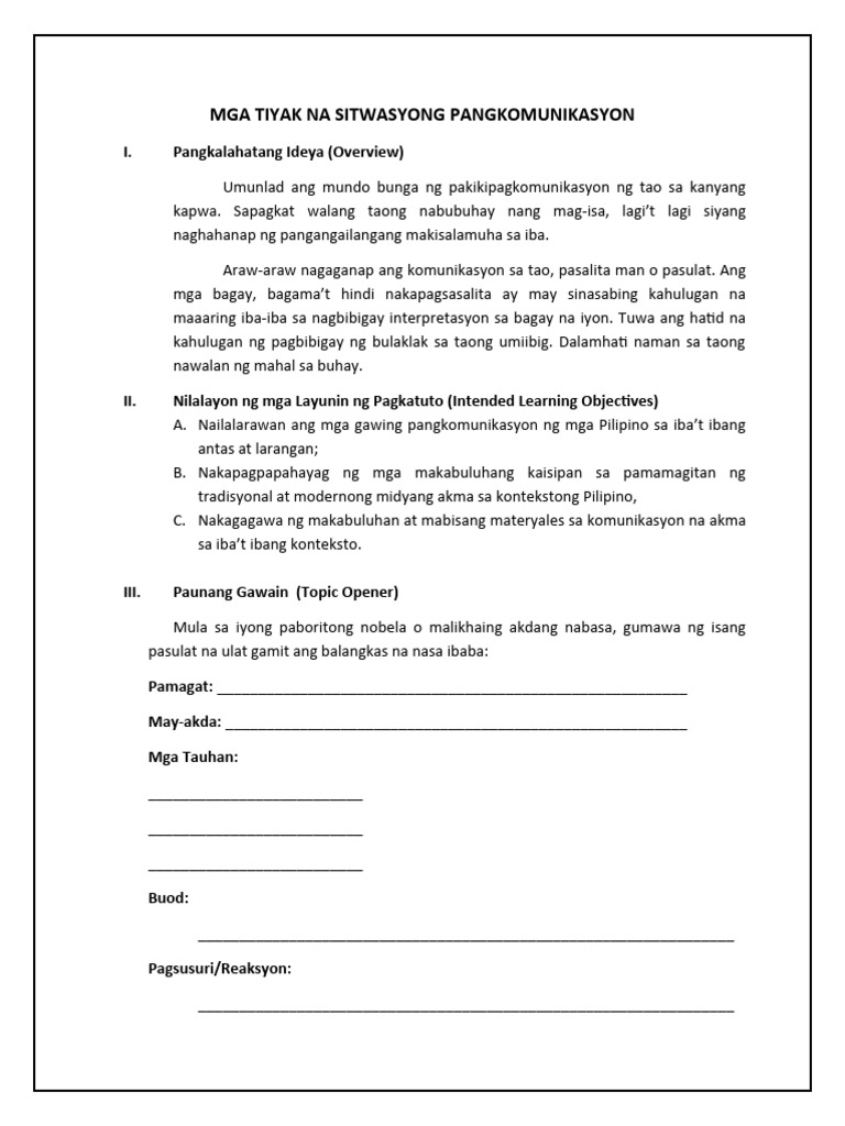 Aralin 10 (MGA TIYAK NA SITWASYONG PANGKOMUNIKASYON) | PDF