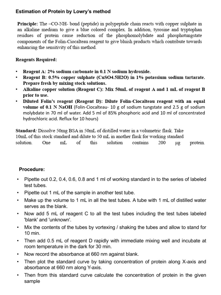 Protein Estimation by Lowry Method | PDF | Sodium Hydroxide | Atoms