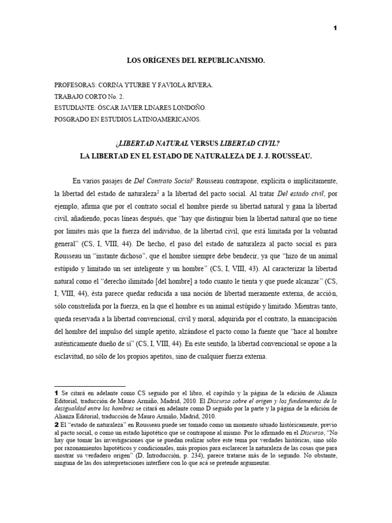 La Libertad en El Estado de Naturaleza de Rousseau | PDF