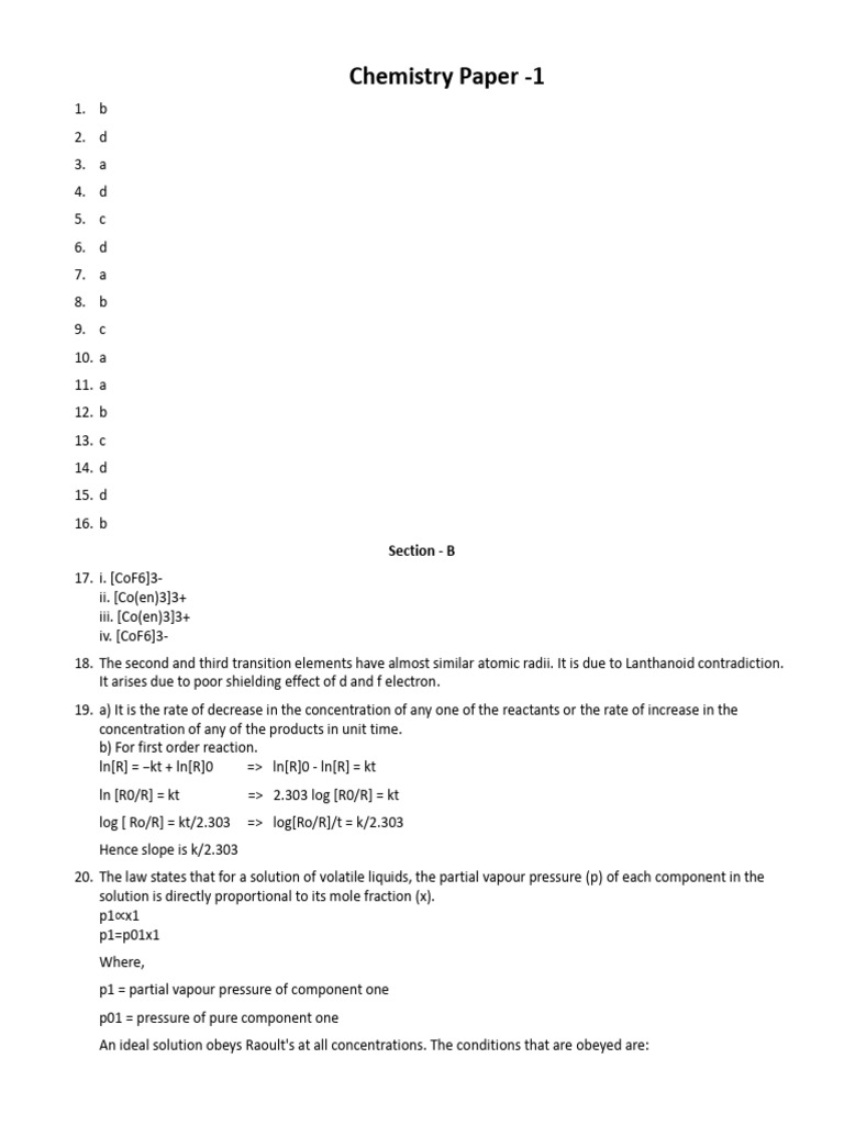 Chemistry Sample Paper 1 Answers | PDF | Redox | Glucose