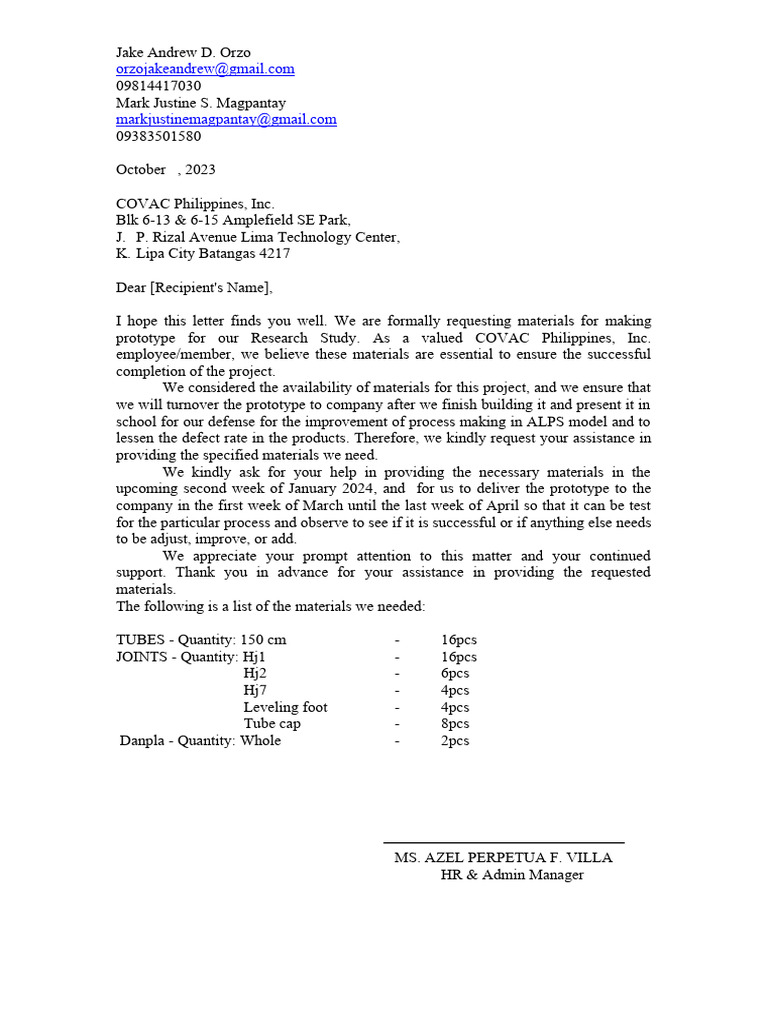 Letter of Material Request | PDF