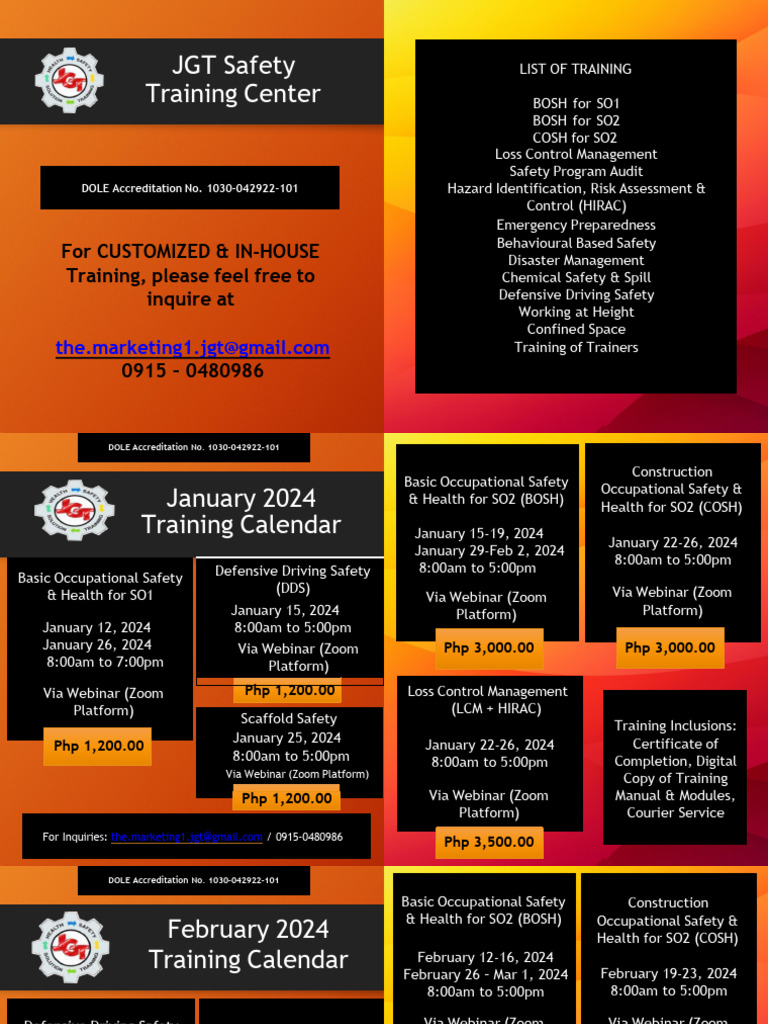 2024 Training Calendar - JGT | PDF | Occupational Safety And Health ...