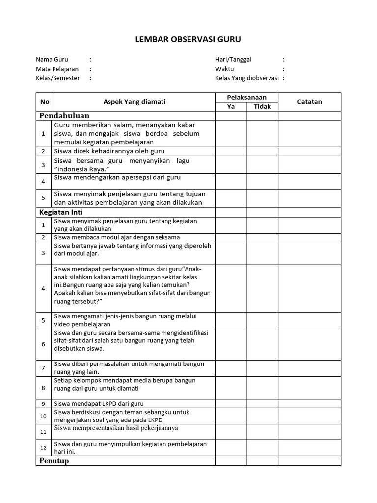 Lembar Observasi Guru | PDF