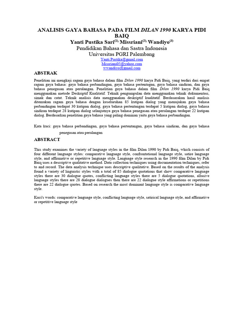 Analisis Gaya Bahasa Pada Film Dilan 1990 Karya Pidi Baiq | PDF