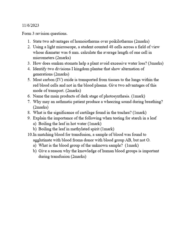 Biology Form 3 Revision Questions | PDF